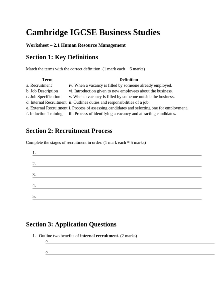 IGCSE Business Studies: HR Management Worksheet | PDF | Recruitment ...
