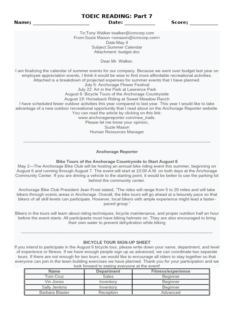 Toeic Reading Part 7 Test 1 | PDF