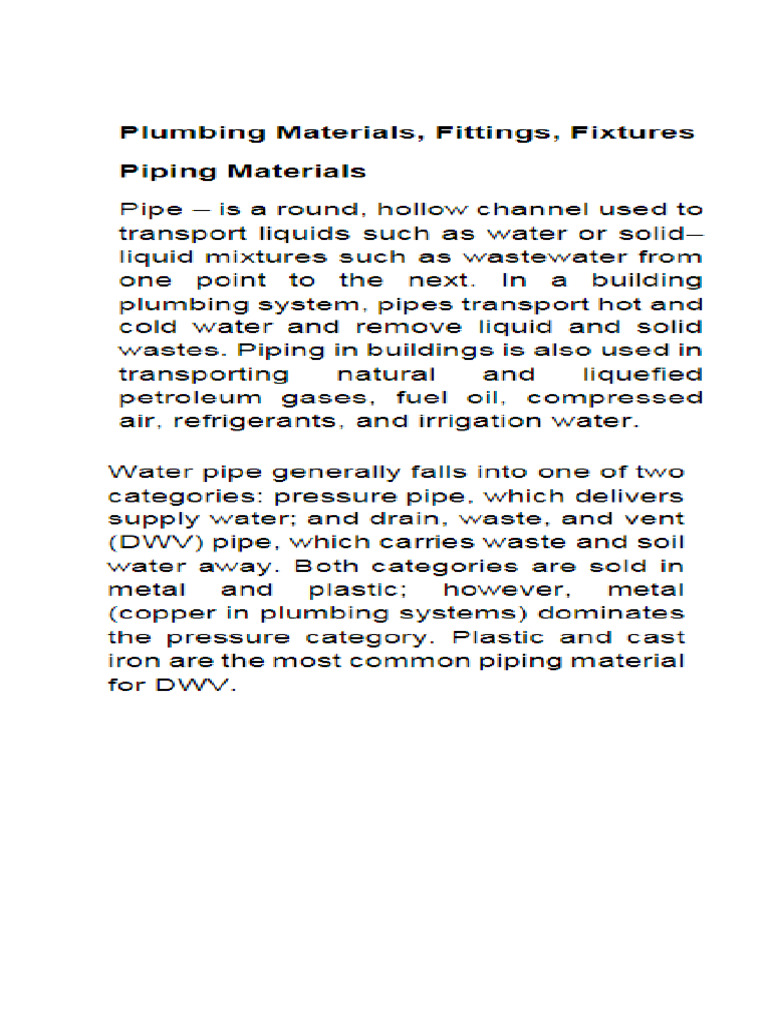 Plumbing Materials, Fittings, Fixtures | PDF