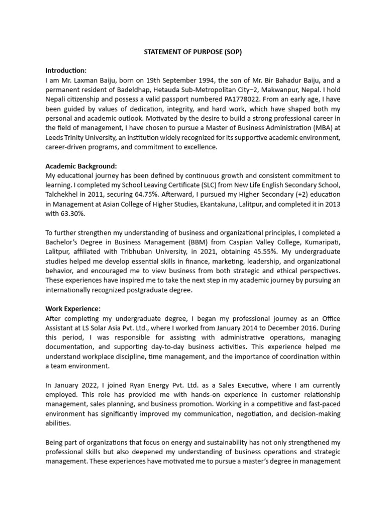 MBA Statement of Purpose by Laxman Baiju | PDF | Leadership | Master Of ...