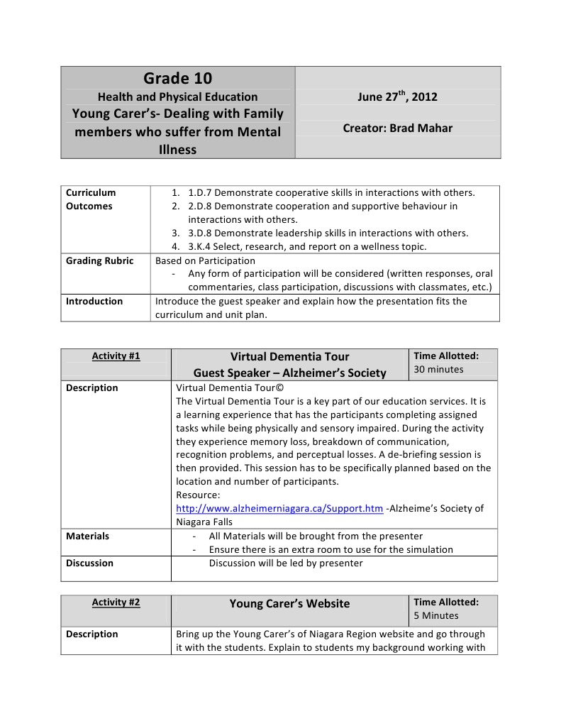 Mental Health Lesson Plan 5 | PDF | Caregiver | Dementia