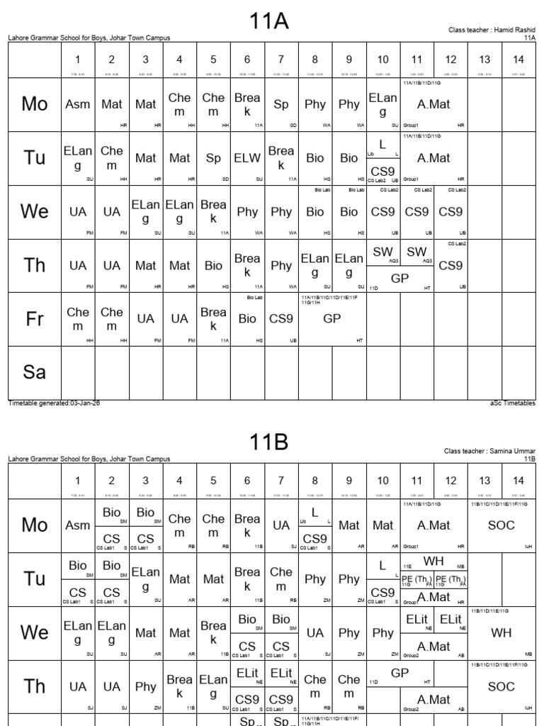 Lahore Grammar School 11th Grade Timetable | PDF