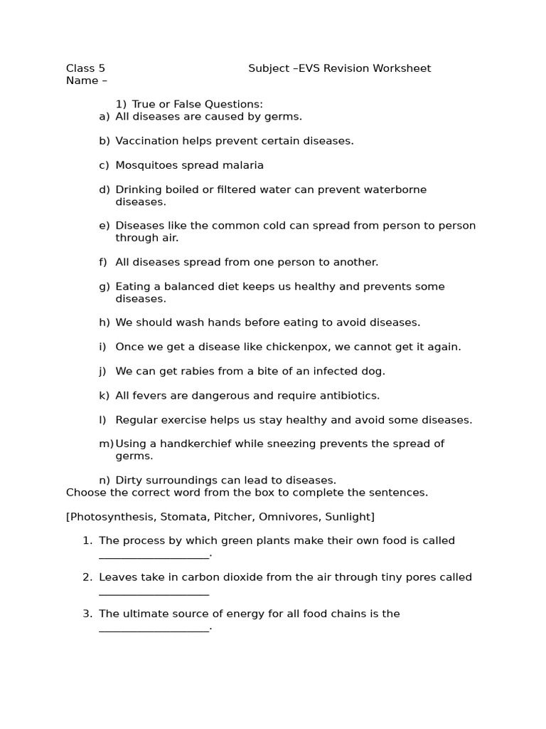 Class 5 EVS Revision Worksheet | PDF