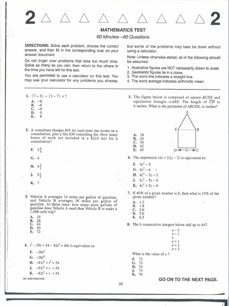Act Practice Test Math 2 | PDF