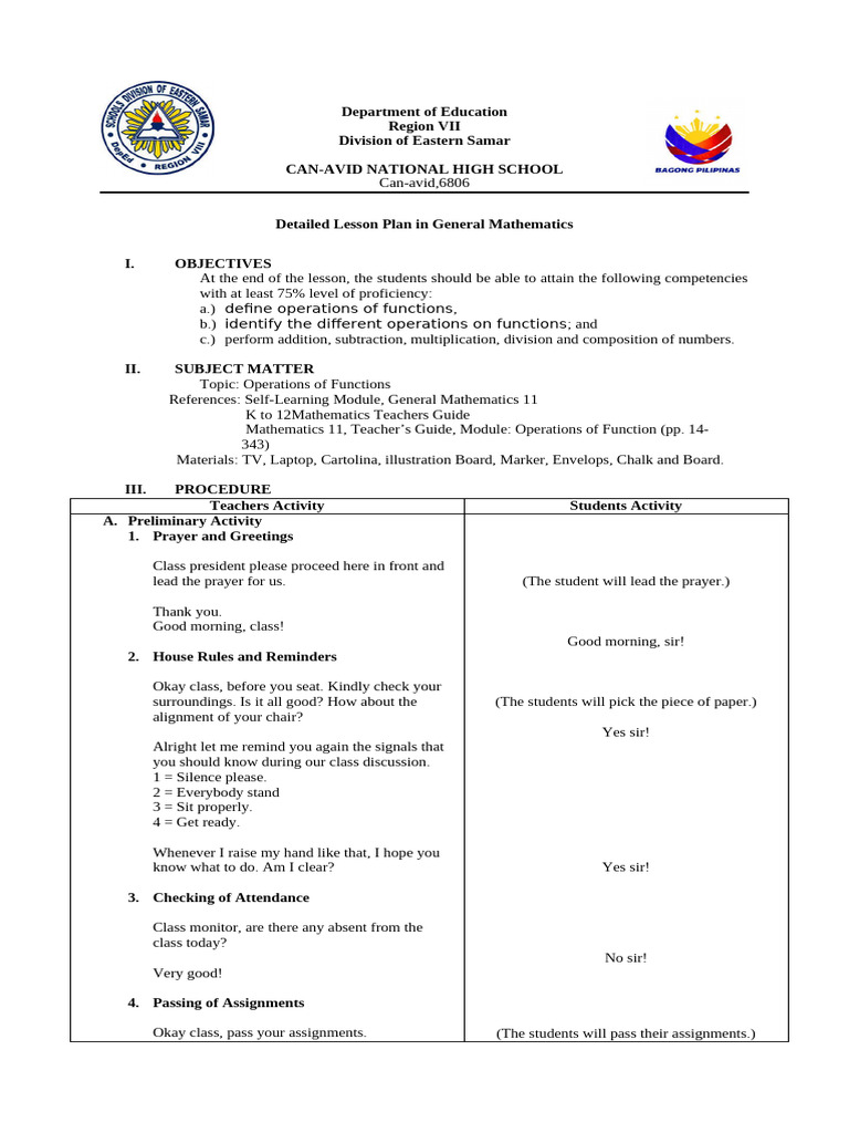 Detailed Lesson Plan in General Mathematics (Operation of Functions) Math 11 | PDF | Mathematics
