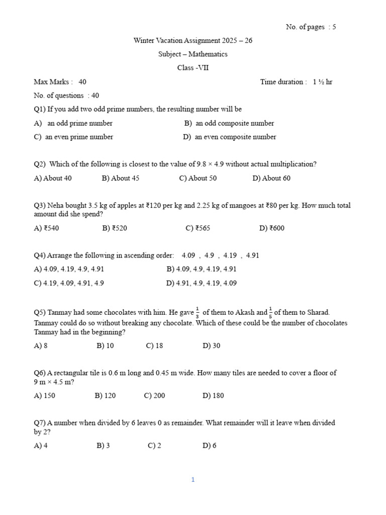 Class VII Winter Math Assignment 2025 | PDF | Elementary Mathematics ...