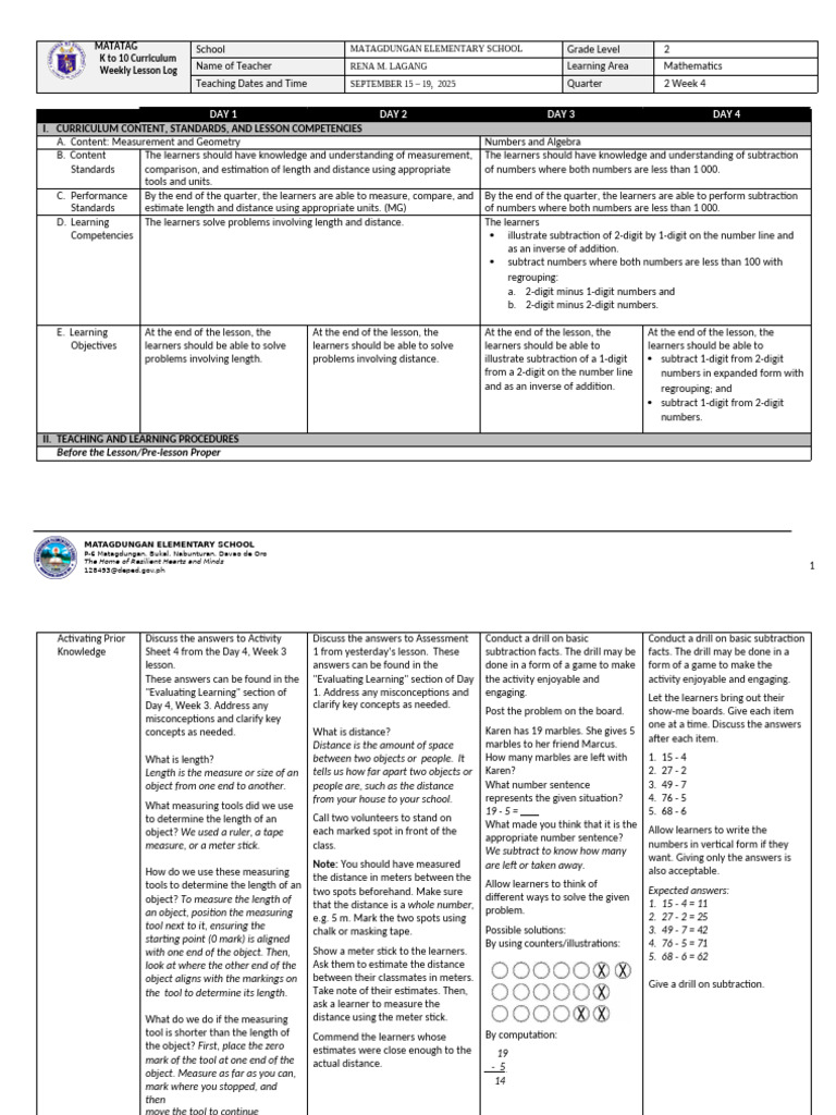 DLL - MATH (Q2 - Week 4) | PDF | Subtraction | Mathematics