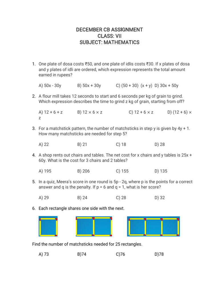 Class 7 Math Assignment | PDF | Subtraction