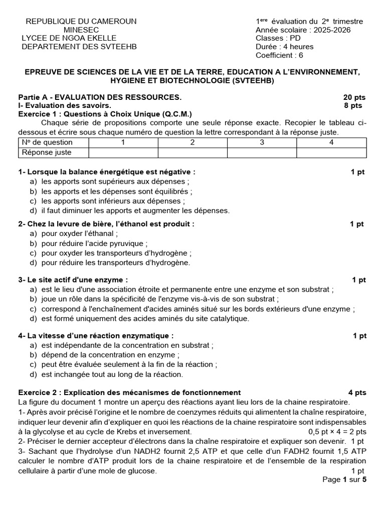Évaluation SVTEEHB Lycée Ngoa Ekelé 2025-2026 | PDF | Adénosine ...