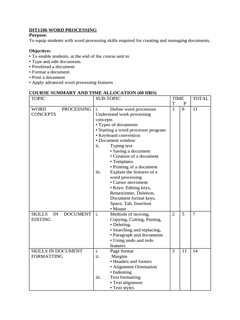 Word Processing Skills Course Overview | PDF | Microsoft Word | Word ...