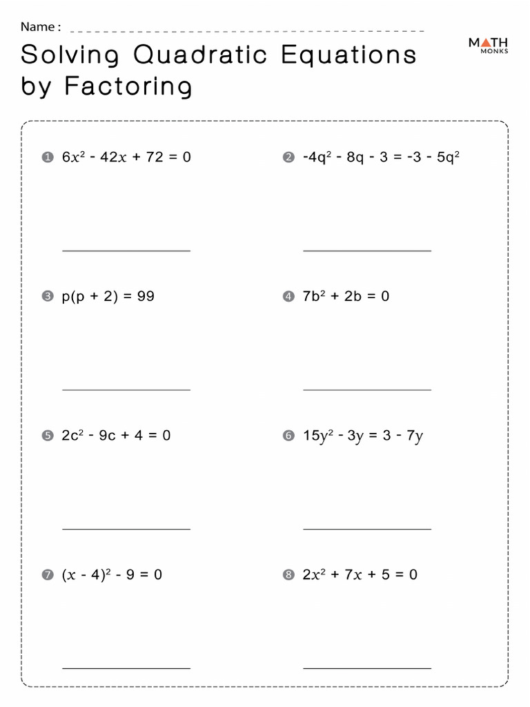 Solving Quadratic Equations by Factoring Worksheet With Answers | PDF