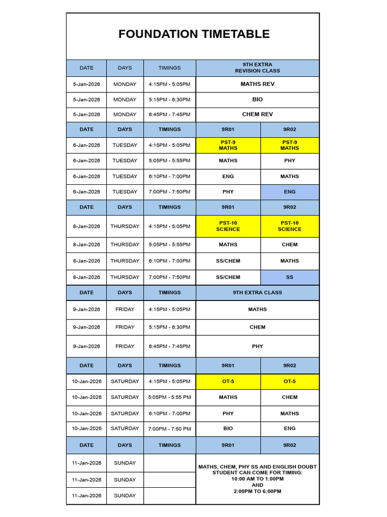 Foundation Timetable 5TH JAN to 11TH JAN | PDF