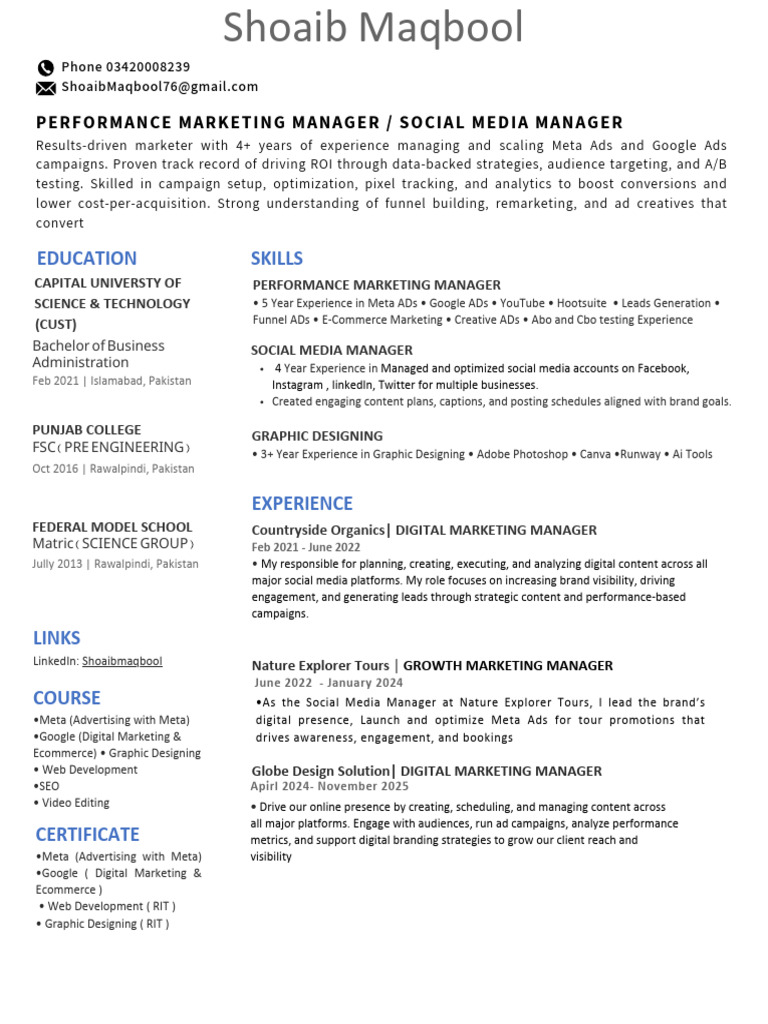 Shoaib Maqbool Cv ( Performance Marketing Manager Social Media Manager ...