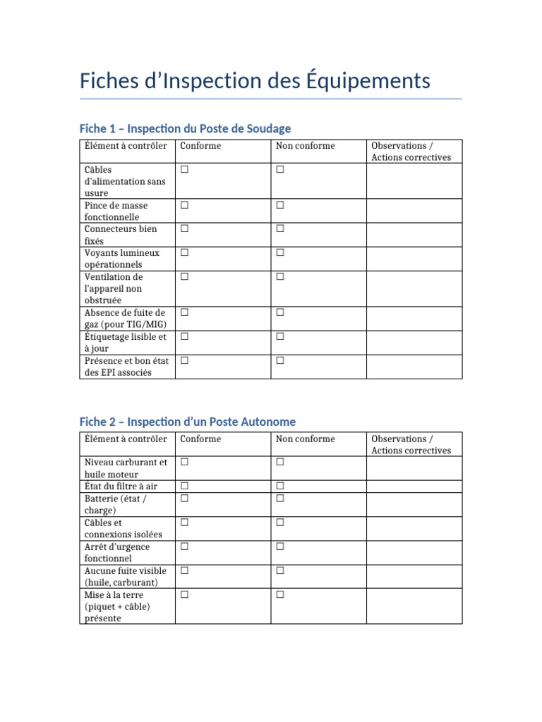 Fiches d'Inspection des Équipements Techniques | PDF | Frein ...