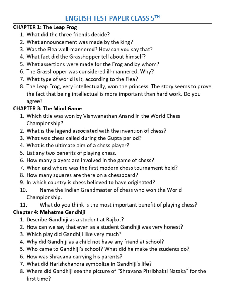 Class 5 English Test Paper Overview | PDF | Mahatma Gandhi | Chess
