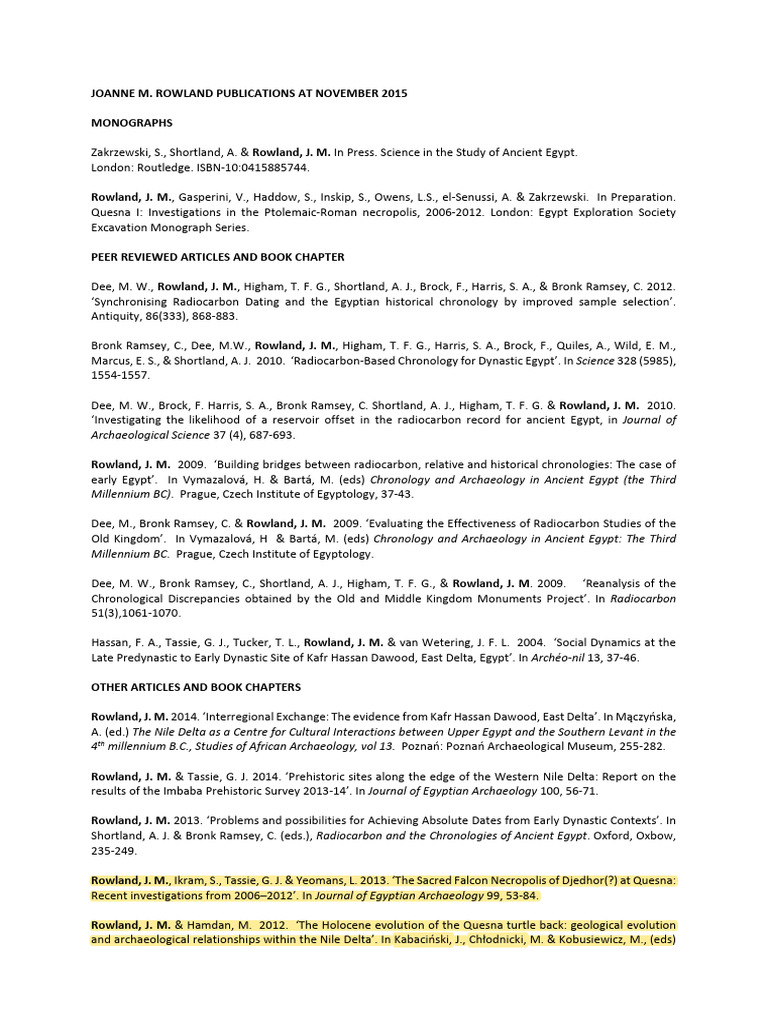 J Rowland List of Publications at 09 11 | PDF | Egyptology | Ancient Egypt