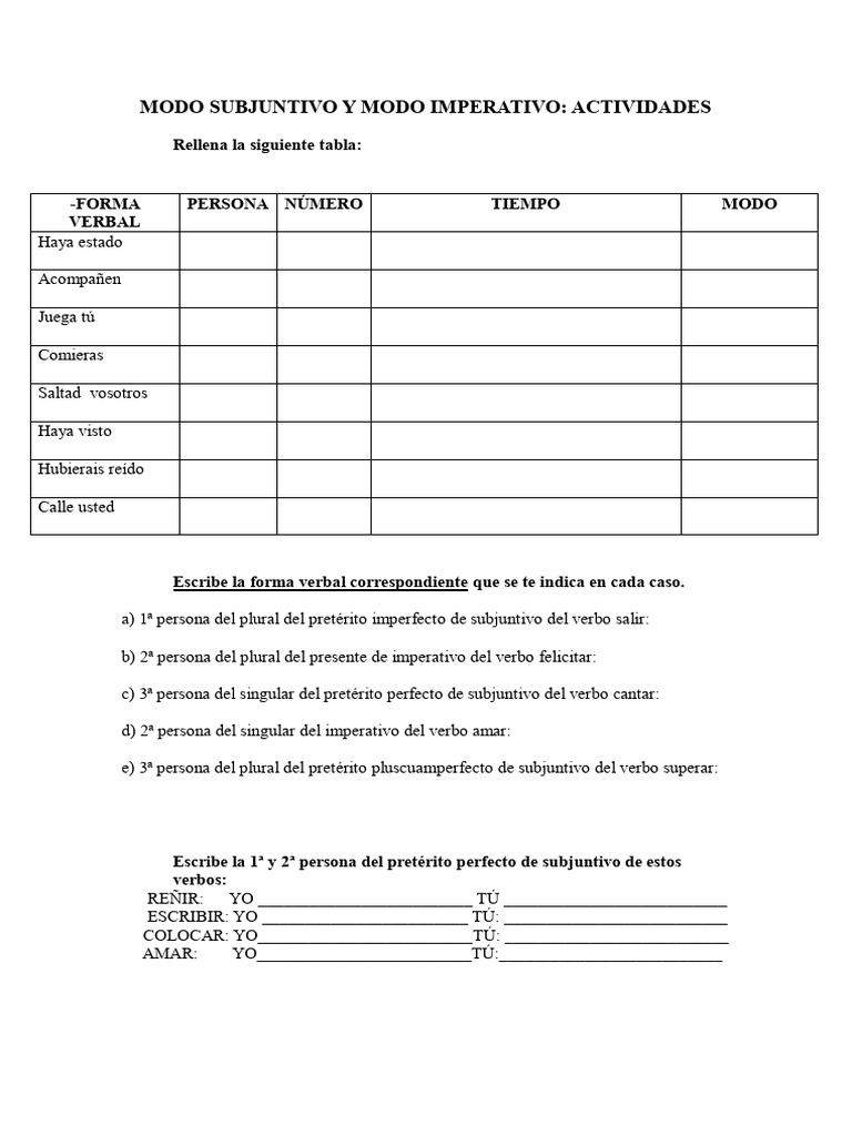 Actividades sobre Subjuntivo e Imperativo | PDF | Verbo | Mecánica del ...