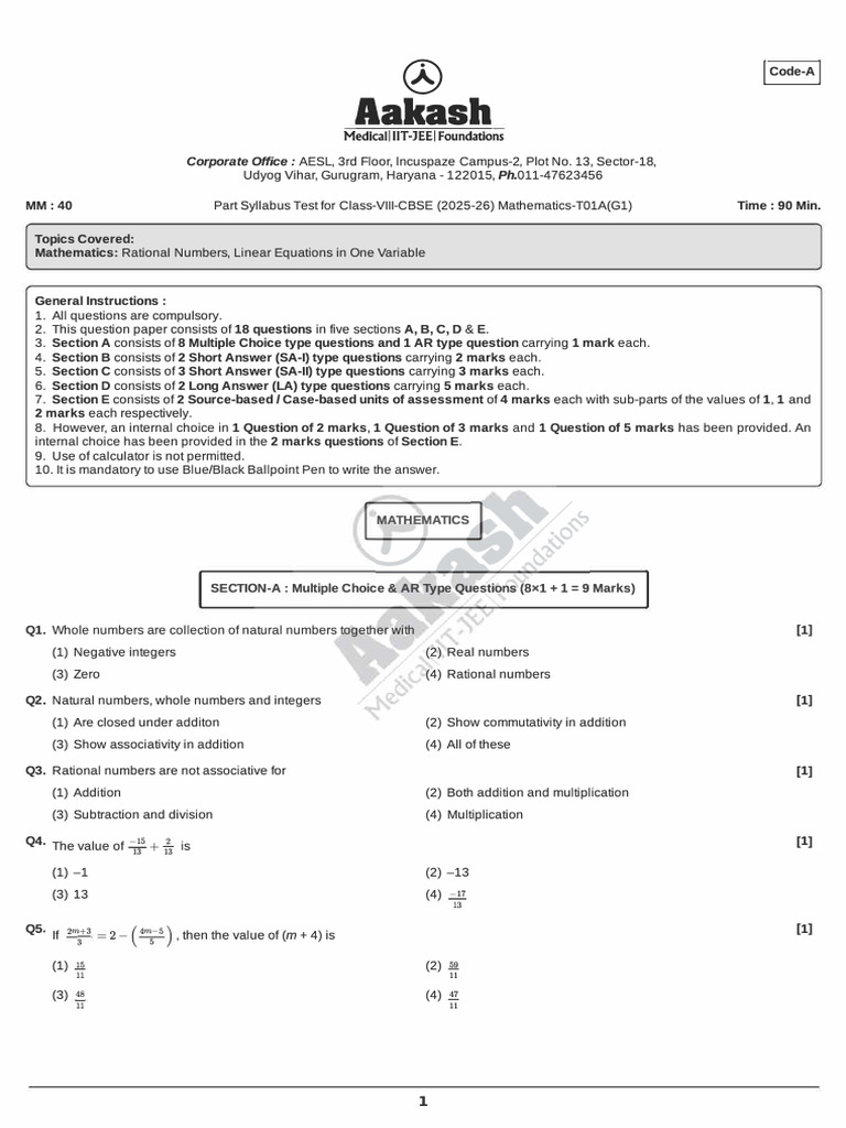 Class VIII CBSE Math Test Syllabus 2025-26 | PDF | Integer | Multiplication