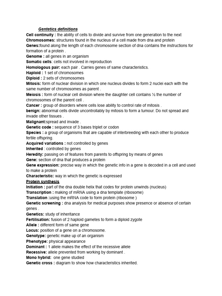 Leaving Cert Biology Genetics Definitions | PDF | Genetics | Gene