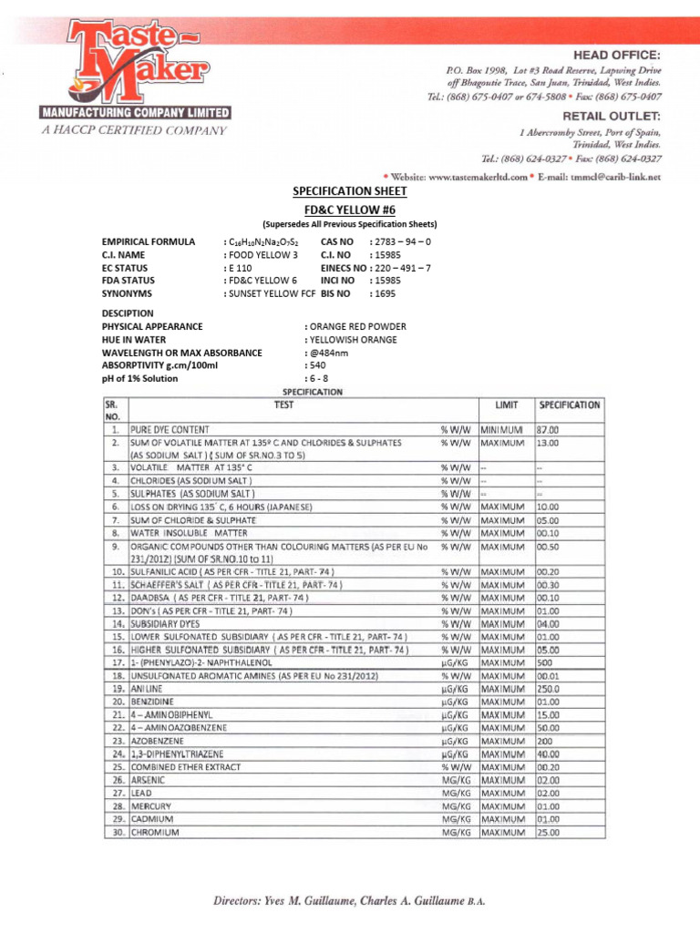 Specification Sheet - FD&C Yellow #6 | PDF