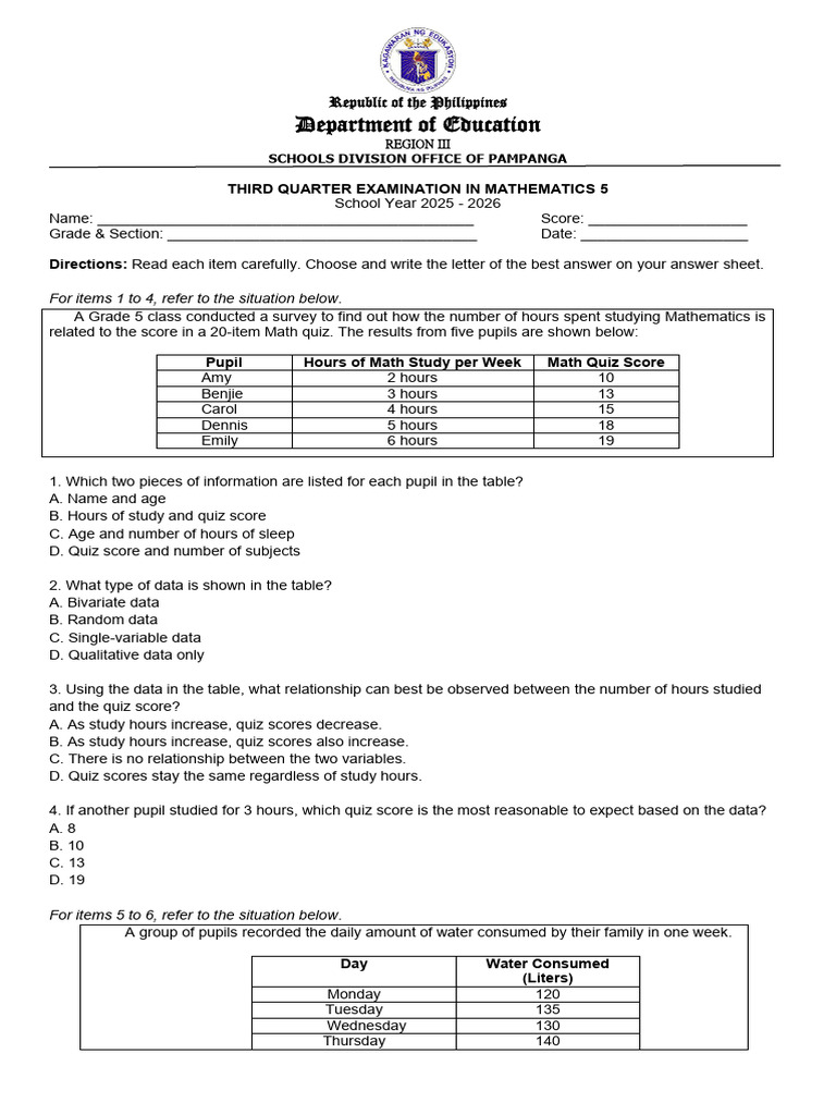 Grade 5 Mathematics Exam Questions | PDF | Division (Mathematics ...