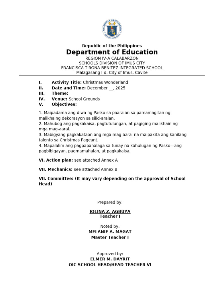 Action_Plan_Christmas_Classroom_and_Pageant | PDF