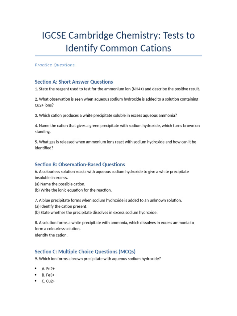 IGCSE Cations Tests Practice Questions | PDF | Precipitation (Chemistry ...