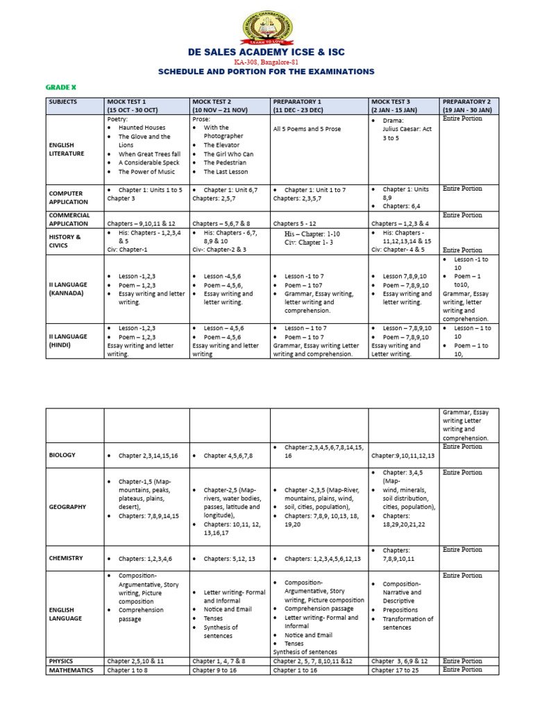 Grade X Exam Schedule & Portions | PDF