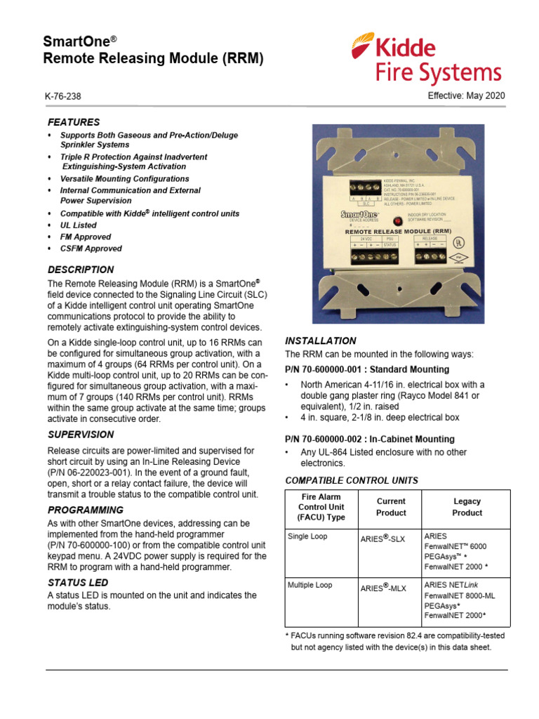 Kidde SmartOne Remote Releasing Module RRM K-76-238 | PDF | Power ...
