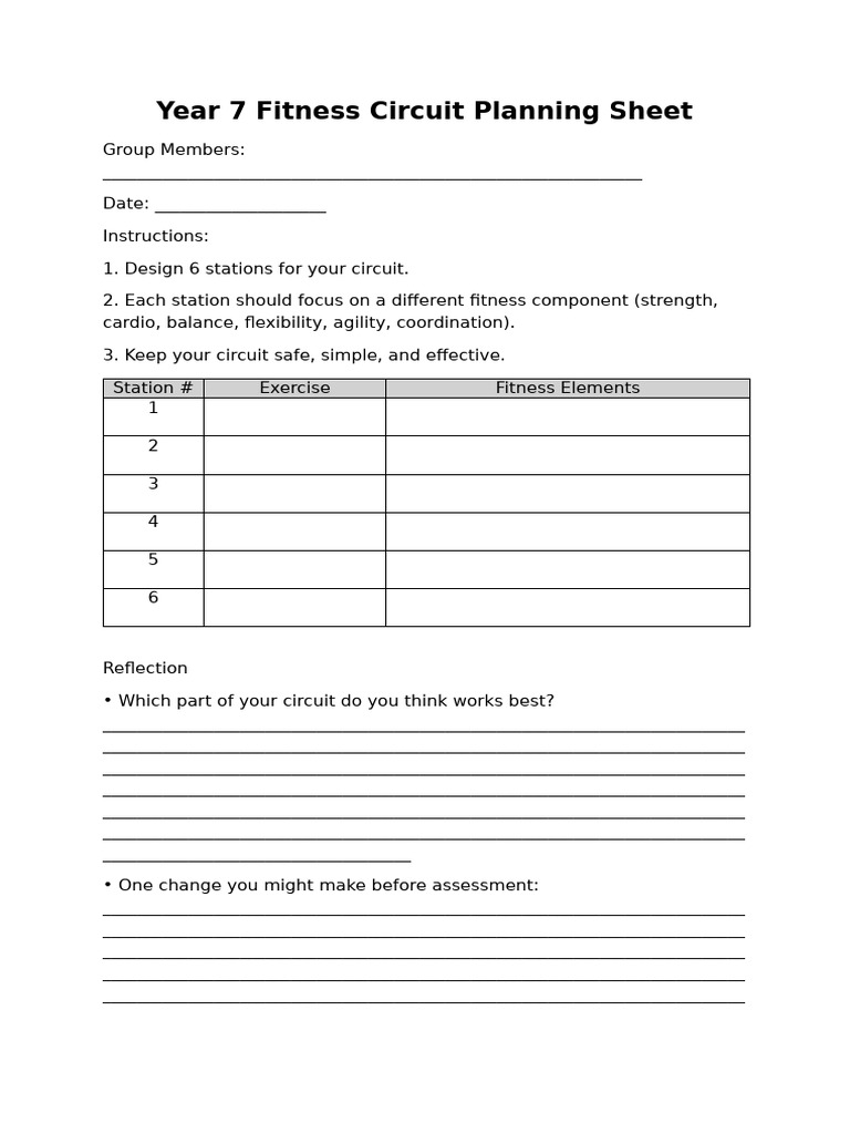 Year 7 Fitness Circuit Planning Sheet | PDF