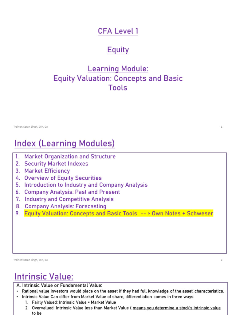 CFA Level 1: Equity Valuation Basics | PDF | Dividend | Share Repurchase