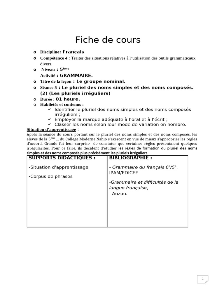 Pluriel des noms simples et composés | PDF | Langue française | Pédagogie