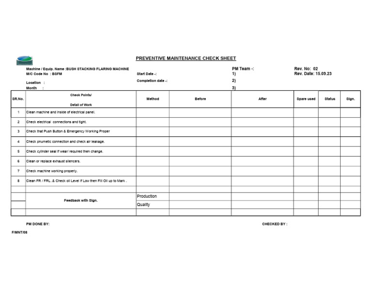 Bsfm Pm Check Sheet Rev 02, 15.09.23 | PDF