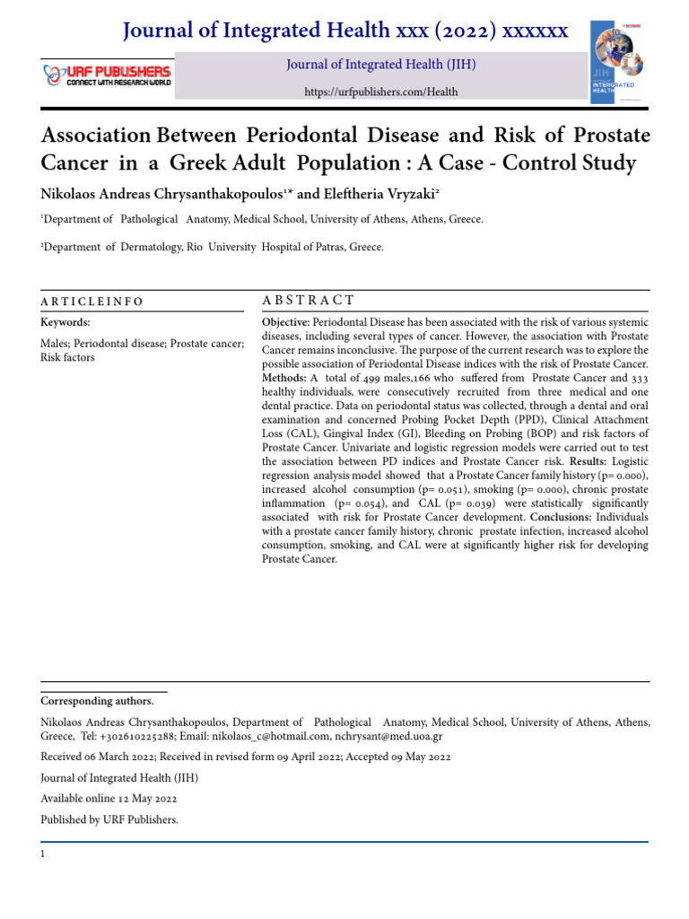 Association Between Periodontal Disease and Risk of Prostate Cancer in ...