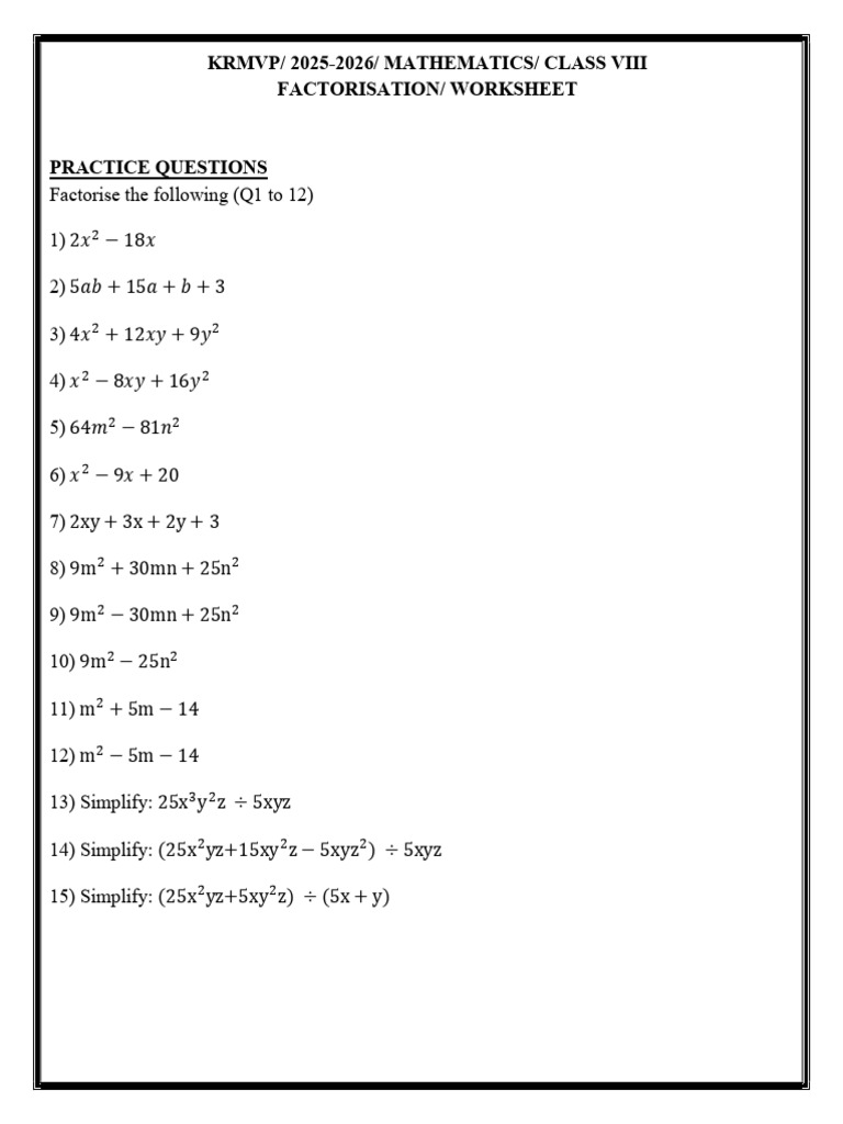 Factorisation Worksheet 1 | PDF