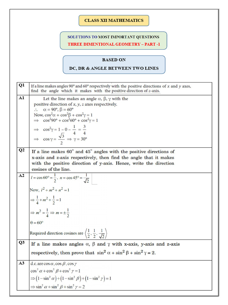11S. CLASS XII MATHS (THREE DIMENTIONAL GEOMETRY) MOST IMPORTANT QUESTIONS & SOLUTIONS (2025-26 ...