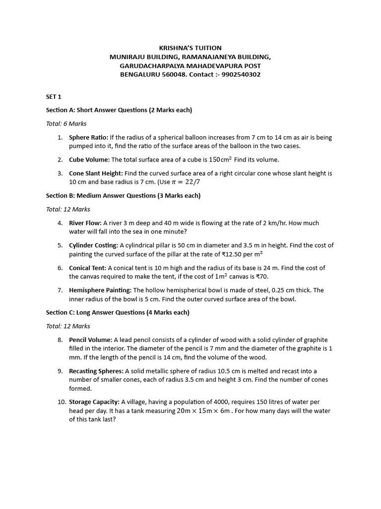 Surface Area and Volume Test | PDF | Sphere | Area