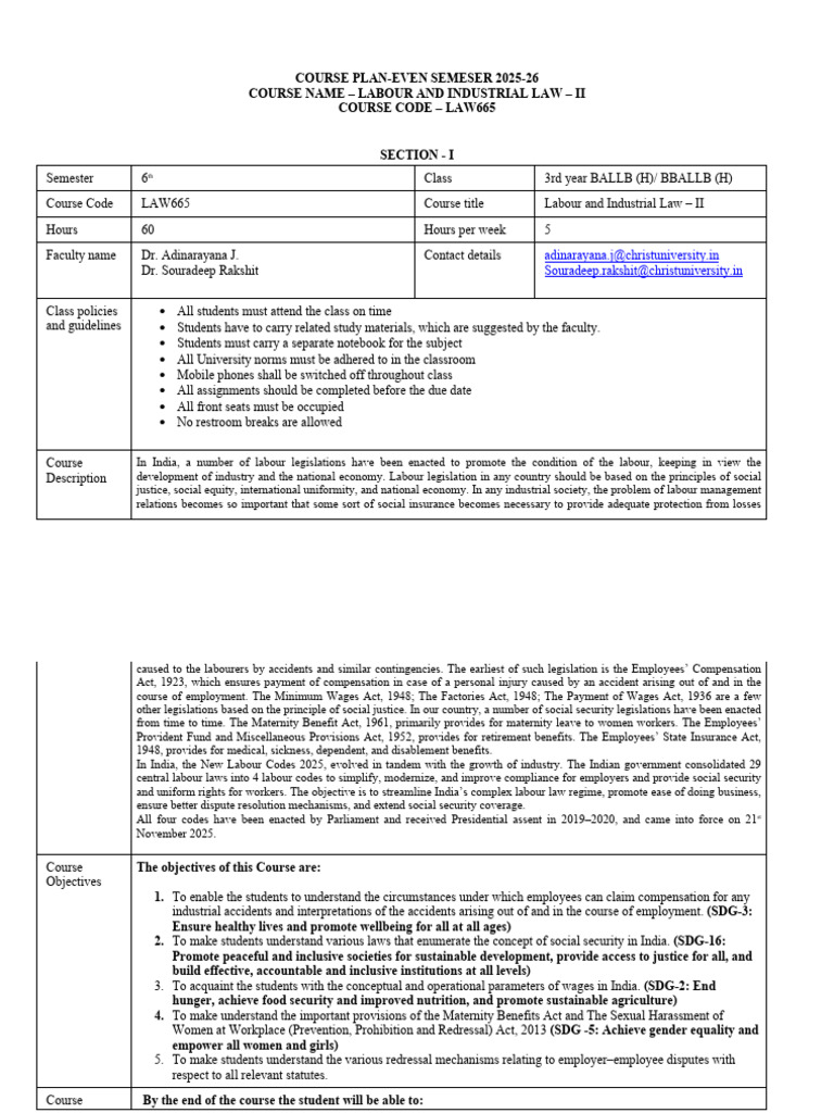 Labour and Industrial Law II Course Plan | PDF | Labour Law | Employment