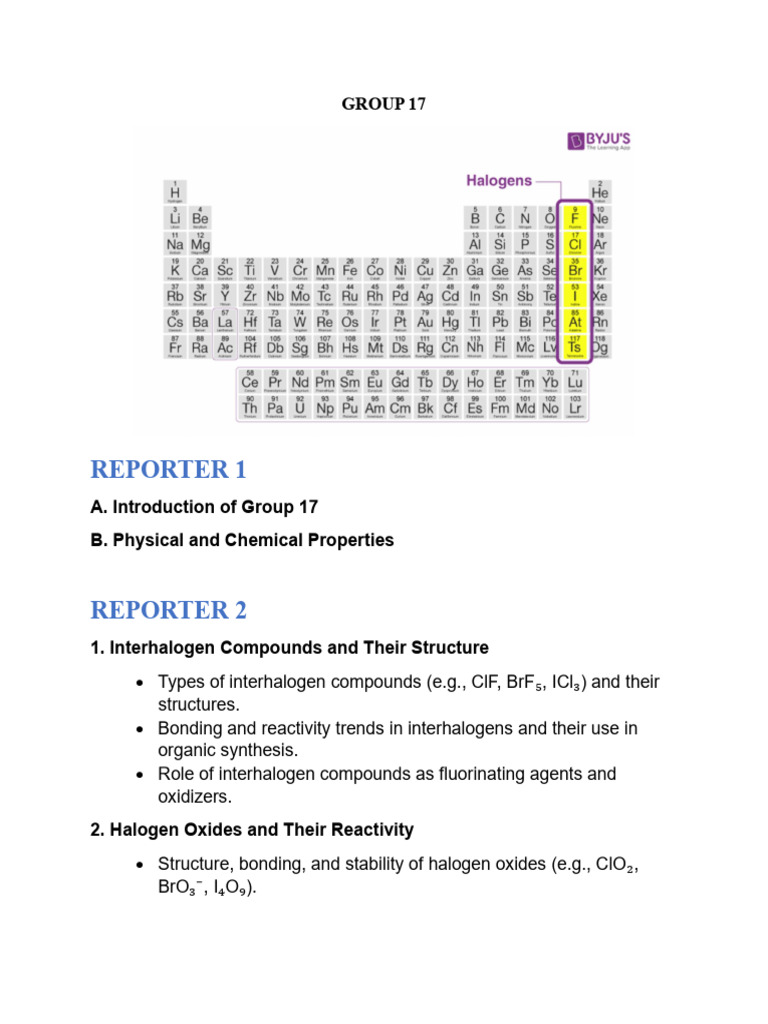 INORGCHEM1 Group 17 Reporting | PDF | Fluorine | Iodine