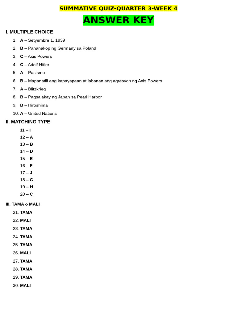 Ap8 q3 Week 4-Summative Quiz - Answer Key | PDF