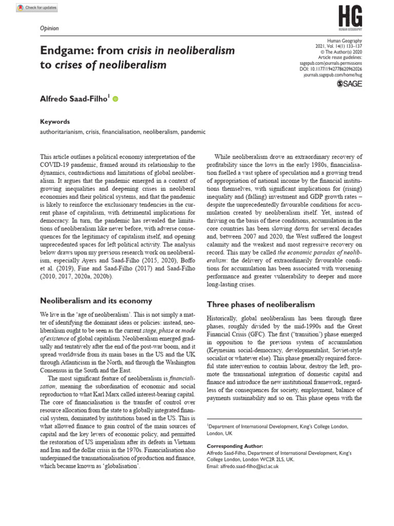 Endgame From Crisis in Neoliberalism To Crises of Neoliberalism | PDF