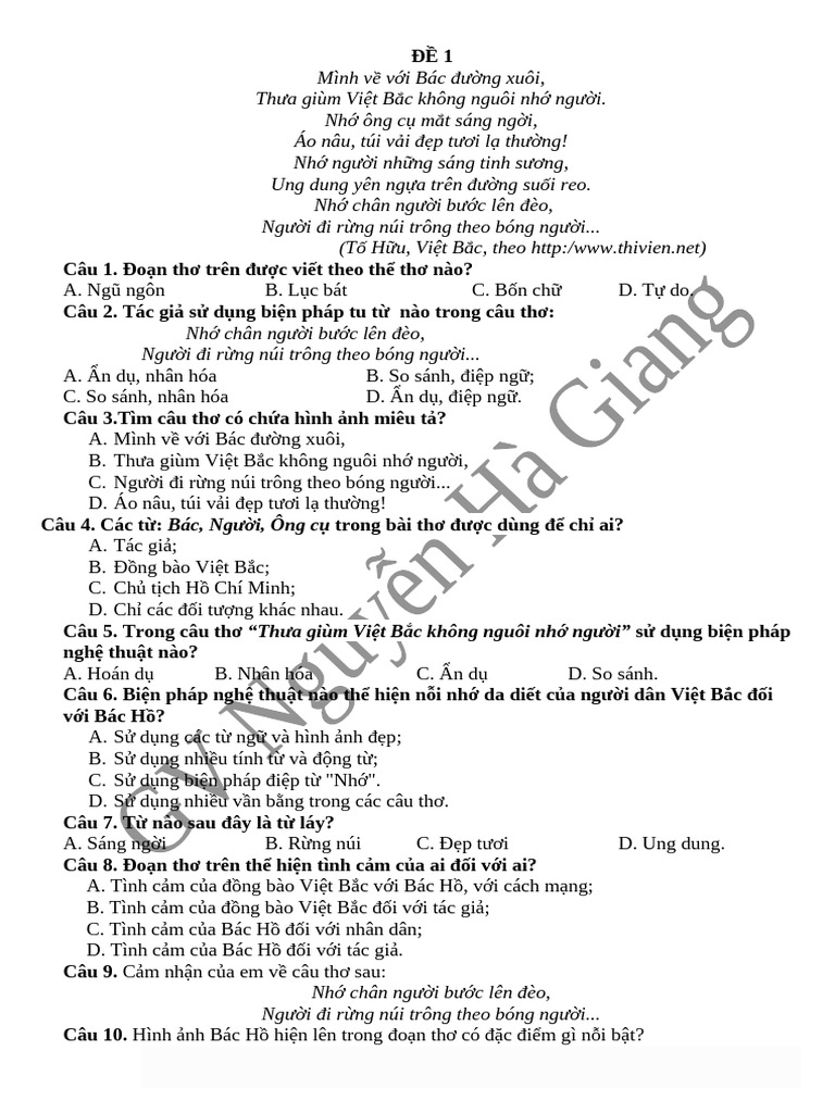 6a9 - Đọc Hiểu Thơ Lục Bát Đề 1 | PDF