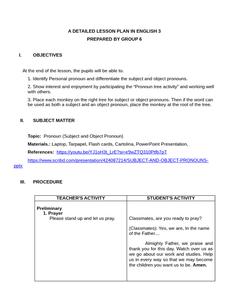 English Lesson Plan: Subject & Object Pronouns | PDF | Pronoun ...