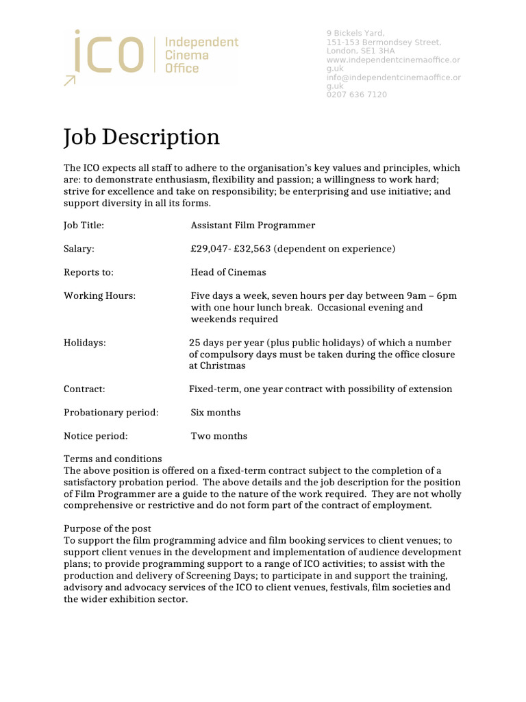Assistant Film Programmer Job Description April 2025 | PDF | Business