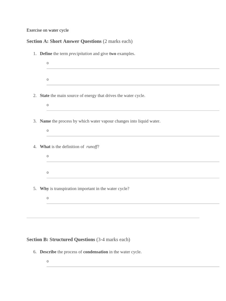 Water Cycle Exercise Questions | PDF