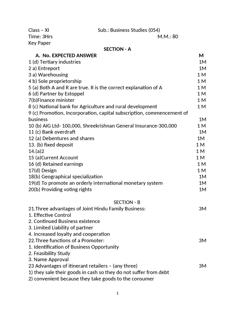 Mid Term Class-11 Bst Set-A Key Paper | PDF | Retail | Equity (Finance)