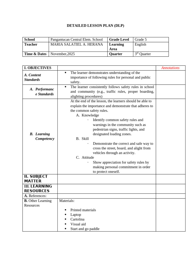 Grade 5 Safety Rules Lesson Plan | PDF | Learning | Psychological Concepts