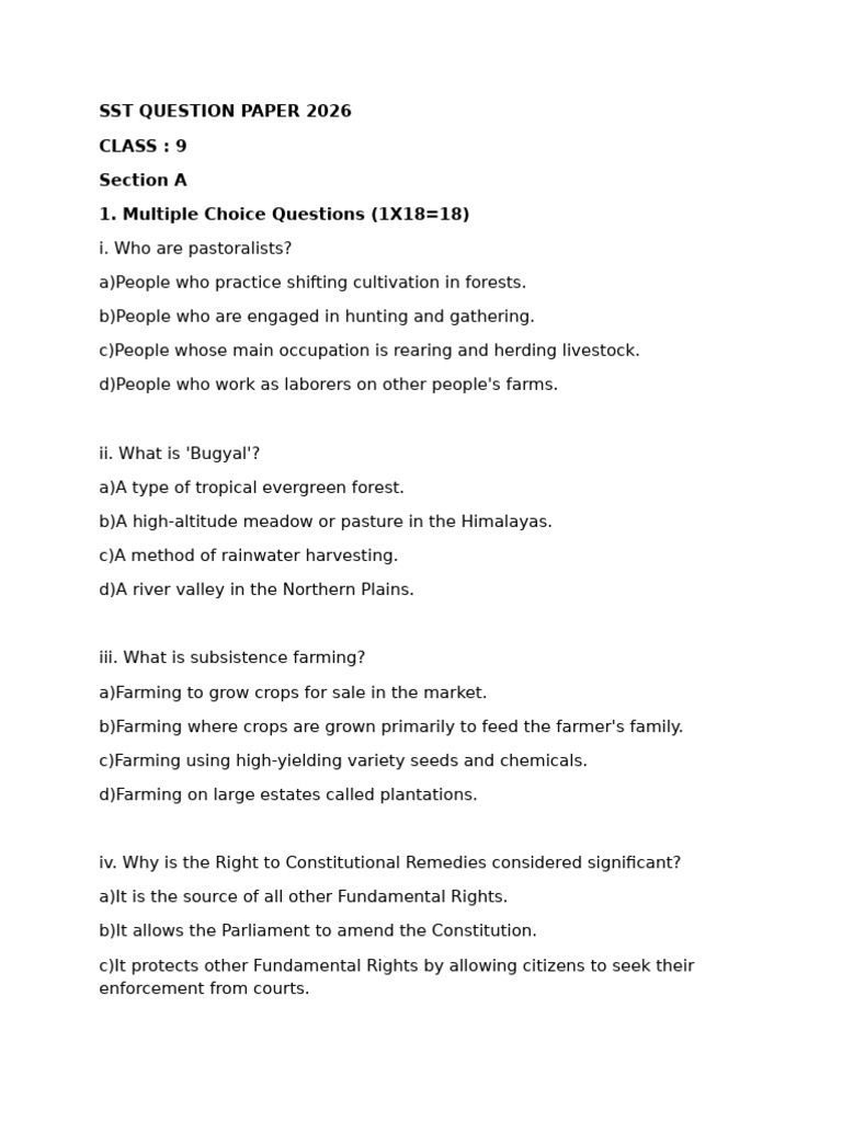 SST Class 9 Question Paper 2026 | PDF | Agriculture | Forests
