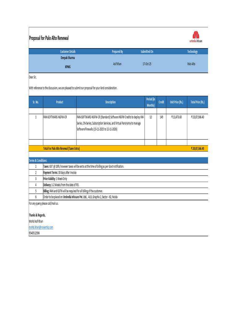 KPMG Palo Alto Firewall Renewal Commercial Proposal - 17-Oct-26 | PDF