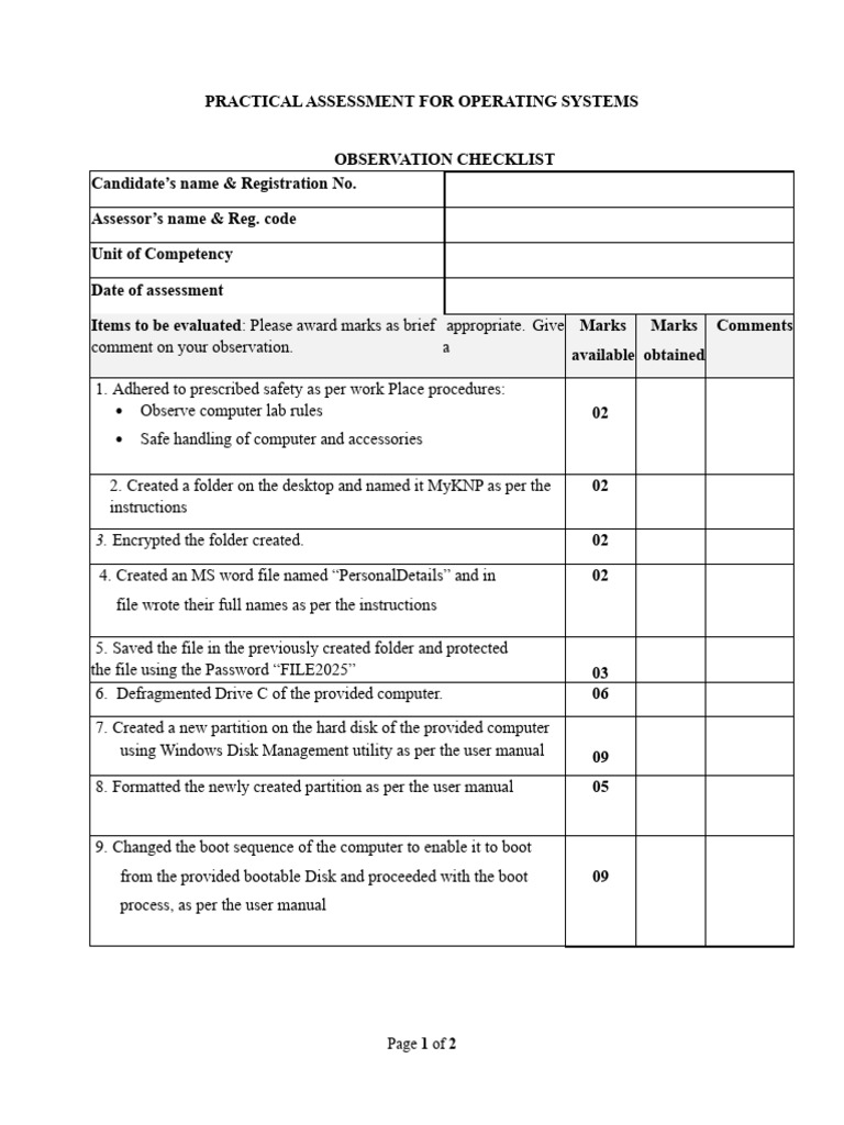 1-Assessor Observation Checklist Operating System 1 | PDF | Booting ...